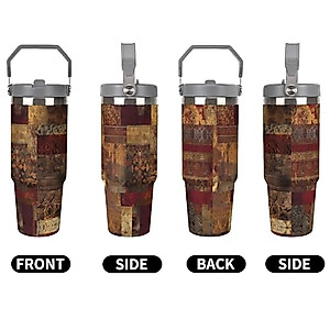 YTLKGFP 30 Oz Large Capacity Car Cup Patchwork Pattern Tumbler with Handle Straw Lid Insulated Stainless Steel Water Bottle Travel Mug Leak-proof Car Cup Keeps Cold Or Hot