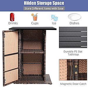 Tangkula 5 Piece Outdoor Rattan Bar Set, Patio Bar Furniture with 4 Cushions Stools and Smooth Top Table with Hidden Storage Shelf, Outdoor Conversation Set for Poolside, Backyard, Lawn (Navy Blue)