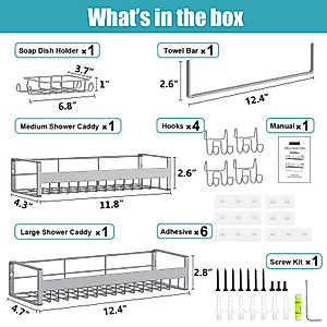 Kayfia Shower Caddy Basket Shelf with Soap Holder, 3 Pack Adhesive Organizer, No Drilling Rustproof Alloy Steel Mounted Racks with Towel Bar for Kitchen Bathroom Shampoo Storage (Silver Grey)