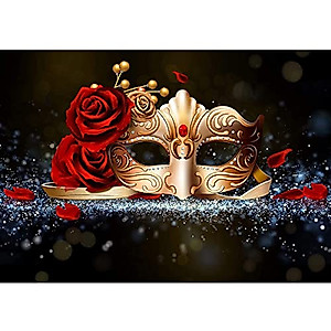 Masquerade Party Backdrops Golden Mask Red Rose Backdrop for Fiesta Mardi Gras Event Dance Photo Background Birthday Studio Photo Video Shoot Props (Vinyl-7x5ft)