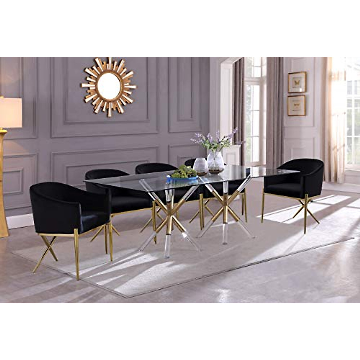 Meridian Furniture Mercury Collection Modern | Contemporary Tempered Glass Top Dining Table with Acrylic and Gold Durable Metal Base, Rectangular