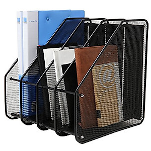 MyGift Heavy Duty Black Metal Mesh File Rack, Document and Magazine Holder with 4 Compartments