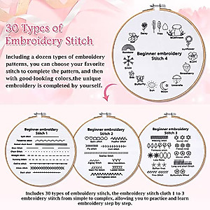 4 Sets Beginners Embroidery Stitch Practice kit, Embroidery Starter kit for Craft Lover with 30 Different Stitches,Embroidery Skill Practice Kit Include 4 Embroidery Cloth with Pattern Embroidery Hoop