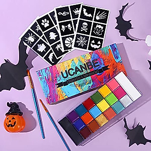 UCANBE Oil Based Face Body Painting Kit - Large Deep Pan, 20 Vivid Color SFX Makeup Paint with 24 Stencils & 2pcs Brushes, Professional Makeup Palette for Art, Theater, Halloween, Parties and Cosplay