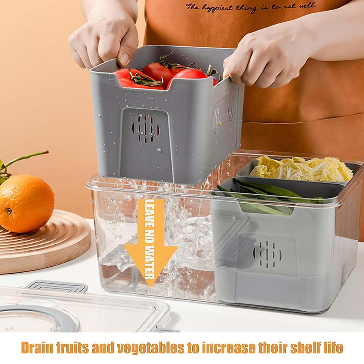 Fruit Storage Containers for Fridge with Airtight Lid & Handle - Refrigerator Food Storage Containers with 4 Removable Colanders, Vegetable Berry Keep Fresh Containers | BPA-Free(Grey)