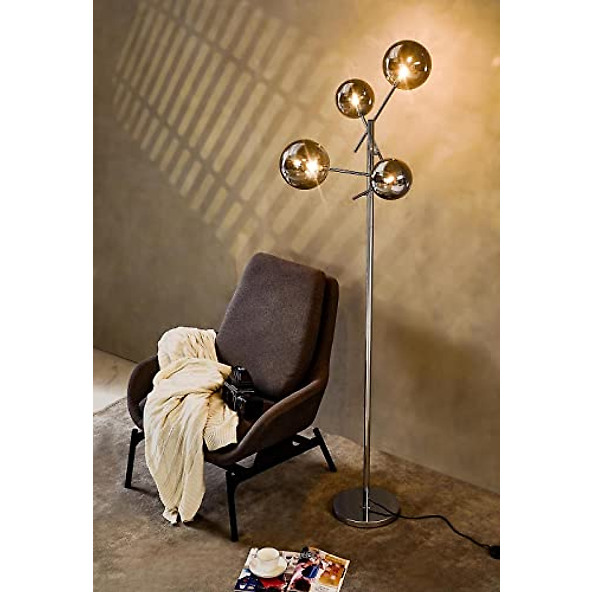 Surpars House Sputnik Chandelier Floor Lamp, 4 Lights Globe Floor Light with Smoky Grey Glass Shade,Chrome