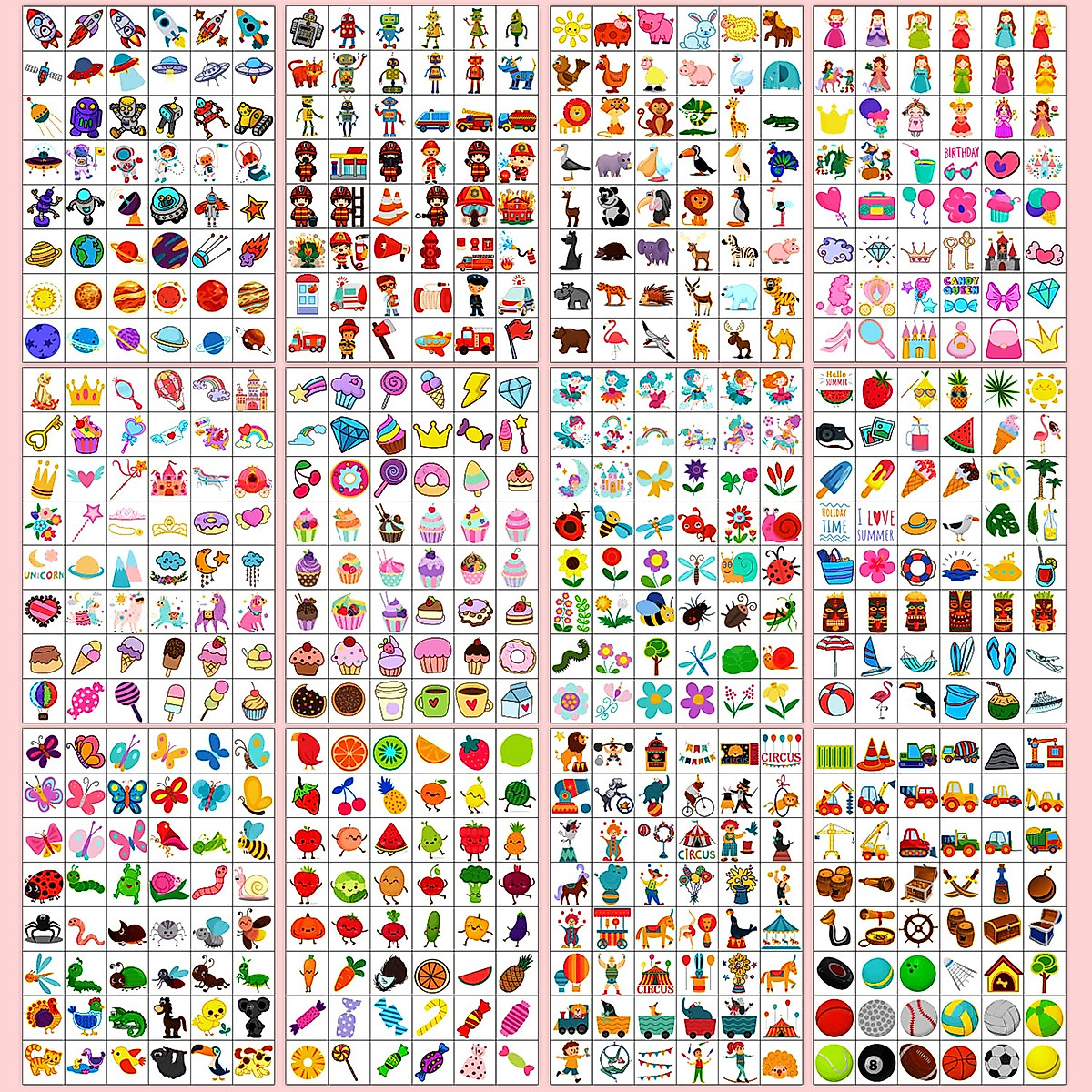 Partywind 960 PCS Individually Wrapped Tattoos for Kids Bulk, Cute Temporary Tattoo Stickers for Birthday Party Supplies Favors, Fake Tattoos for Kids Christmas Games (20 Sheets)