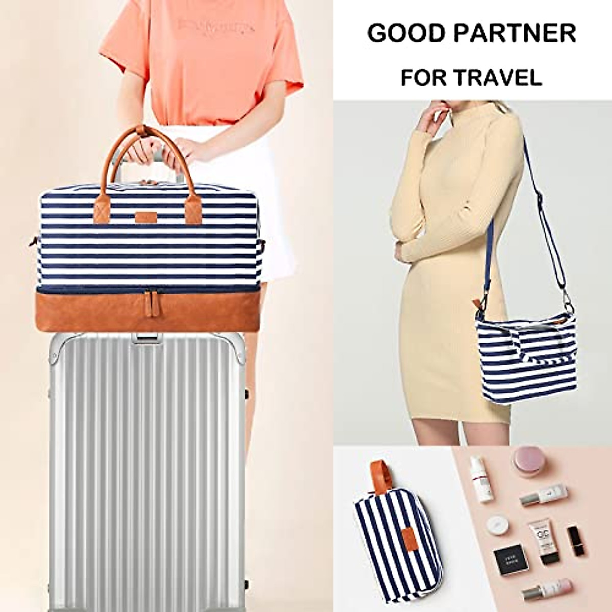 Oflamn Weekender Overnight Bag for Women with Shoe Compartment, Travel Duffle Bag Set with Hand Tote Bag & Toiletry Bag (Blue Stripes)