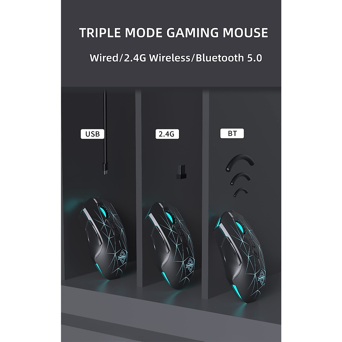 AJ52PRO Watcher 2.4G Wireless/ Bluetooth 5.0/ Wired Gaming Mouse, 10000 DPI, Programmable 7 Buttons, Ergonomic LED Backlit USB Gamer Mice Computer Laptop PC, for Windows Mac Linux OS, Star Black