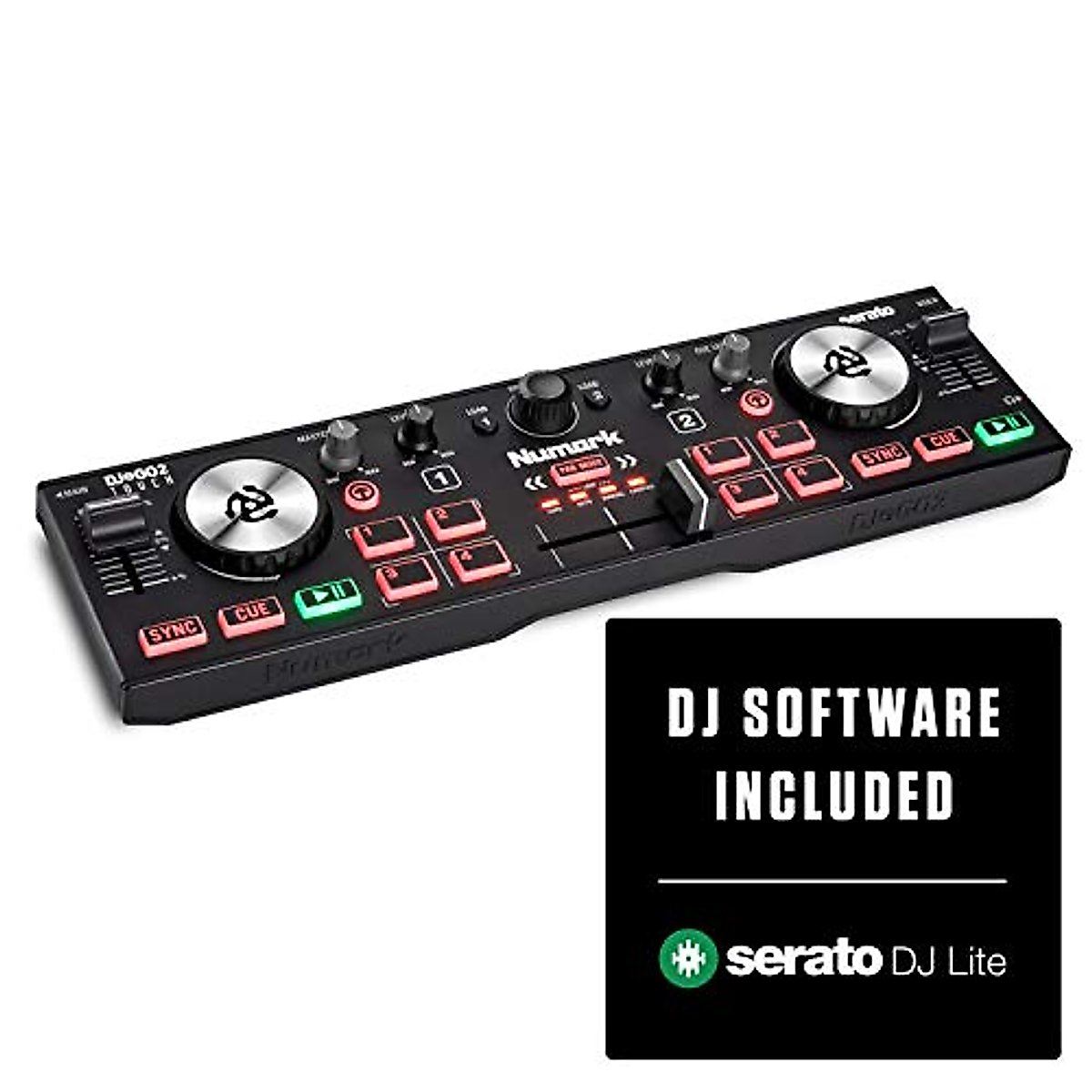 Numark DJ2GO2 Touch – Compact 2 Deck USB DJ Controller For Serato DJ with a Mixer / Crossfader, Audio Interface and Touch Capacitive Jog Wheels,Black