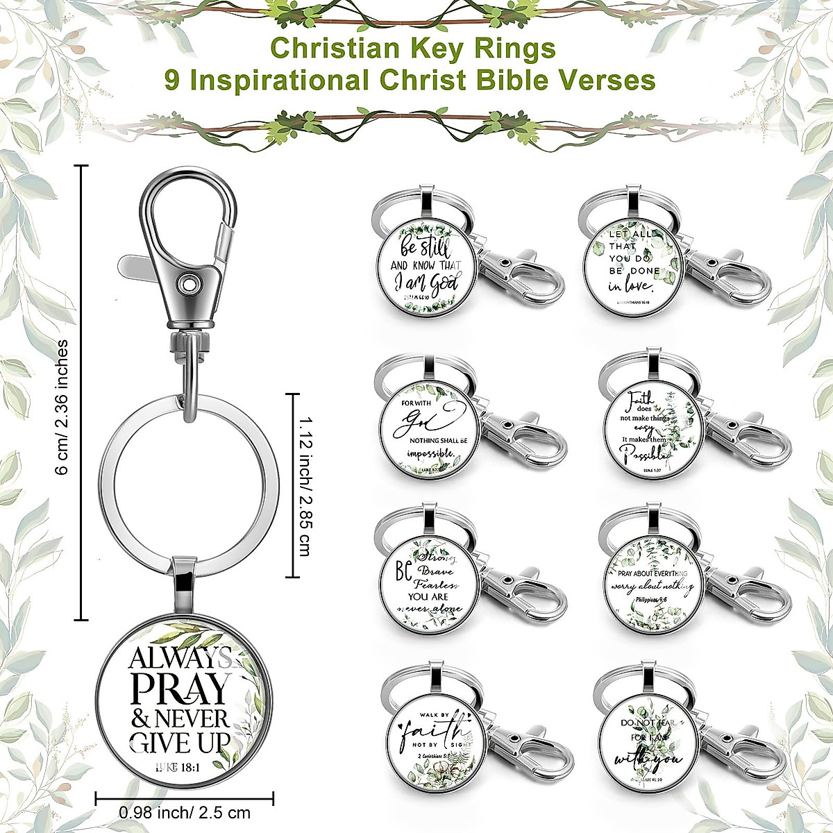 Fumete Christian Keychain Bulk Bible Verse Religious Keychain Scripture Quote Inspirational Gifts Supplies for Men Women(Leaf Style, 9 Pcs)