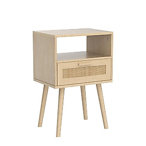 Finnhomy Nightstands Set of 2, End Table, Nightstand, Side Table with Hand Made Rattan Decorated Drawers, Wood Accent Table with Storage for Bedroom, Natural