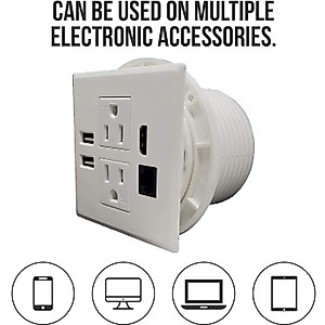 Round Desktop Conference Room Power Grommet Outlet, FITS 3 1/8" - 3 1/4" 2 (TR) AC Outlets, 2 USB Charging Ports, 1 CAT 6, 1 HDMI, ETL Listed (DC-8589_White-Square)