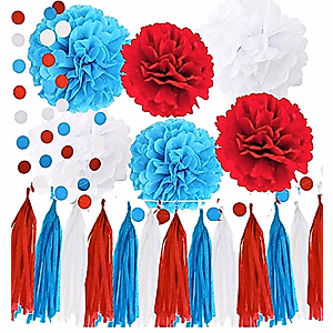 Dr Seuss Party Decorations Thing 1 and Thing 2 Birthday Party Decorations Cat in the Hat Birthday Party/Dr Seuss Baby Shower Decorations Turquoise White Red Tissue Pom Pom