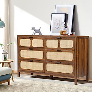 QEIUZON 6 Drawer Dresser, Modern Rattan Dresser Chest with Wide Drawers and Metal Handles, Farmhouse Wood Storage Chest of Drawers for Bedroom, Living Room, Entryway (Walnut-6 Drawers)