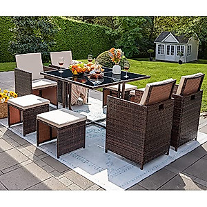 Devoko 9 Pieces Patio Dining Sets Outdoor Space Saving Rattan Chairs with Glass Table Patio Furniture Sets Cushioned Seating and Back Sectional Conversation Set (Beige)
