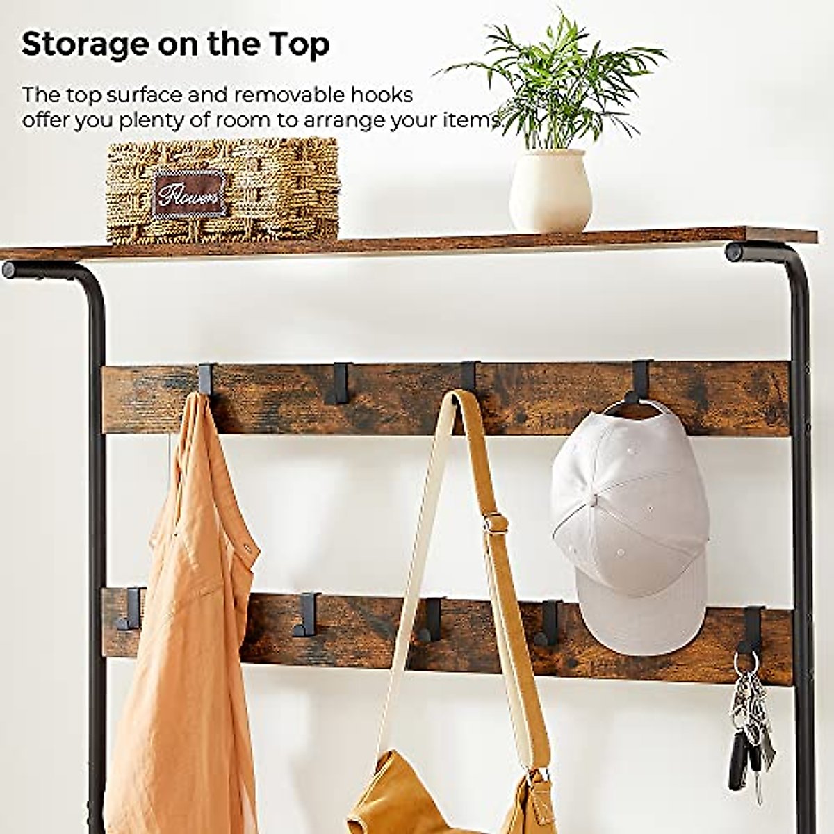 VASAGLE Hall Tree with Storage Bench, Entryway Storage with 9 Hooks, Coat Rack with Soft Bench, Shoe Rack, Steel Frame, Rustic Brown and Black UHSR099B01
