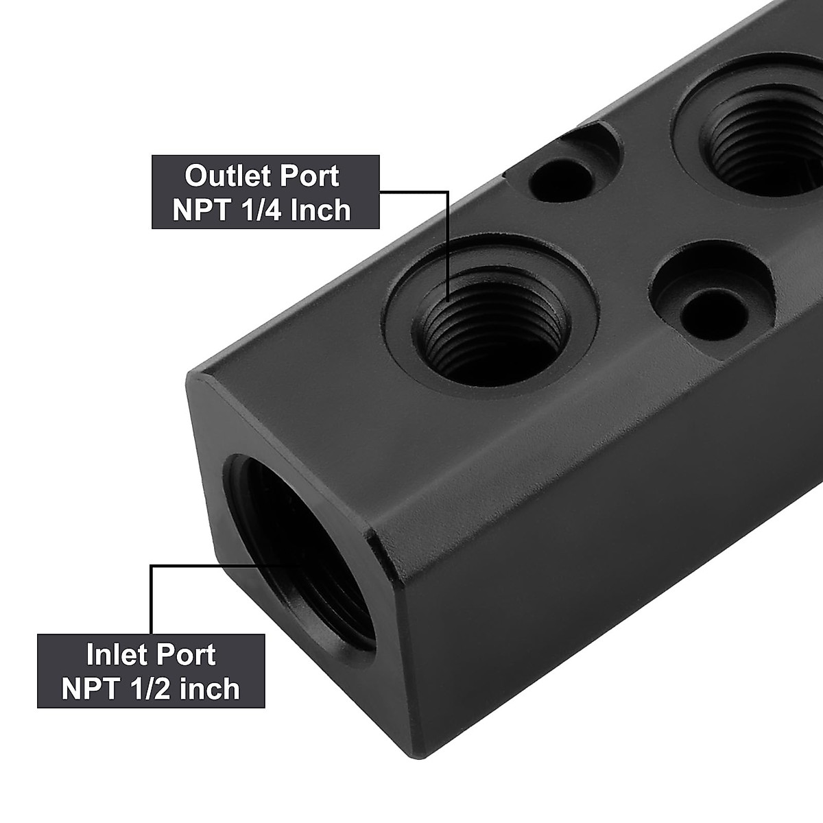 Air Manifold, 3 Way 5 Port Air Compressor Manifold, Air Hose Inline Manifold Block Splitter, Pneumatic Manifold Air Distribution Block, NPT 1/2 Inch Supply Port, NPT 1/4 Inch Output Port(BLACK)