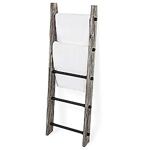 MyGift 4 Ft Torched Wood Farmhouse Blanket Ladder with 5 Matte Black Industrial Pipe Rungs, Wall Leaning Bathroom Towel Ladder Rack