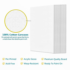 KEFF 12-Pack Bulk Canvas for Painting, 8x10 Canvas Value Pack Art Supplies for Adults, Kids - Small Canvas Board for Painting - 100% Cotton Primed Painting Canvas for Acrylic, Oil, Watercolor, Tempera