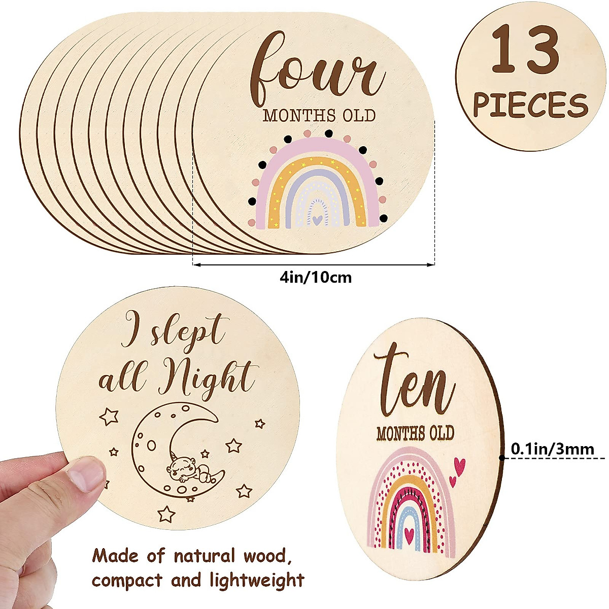 13 Pieces Baby Monthly Milestone Wooden Cards Boho Rainbow Double Sided Printed Milestone Discs Wood Gift Photo Prop Discs Sets Birth Announcement Sign for Baby Shower Newborn