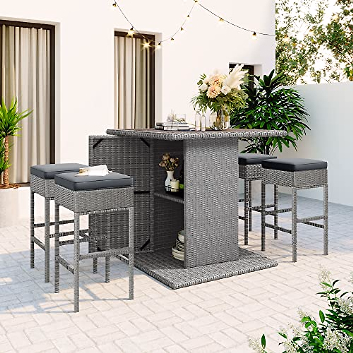 LCH Patio Bar Counter Height Bistro, Outdoor 5-Piece PE Rattan Dining Set, All-Weather Wicker Square Kitchen Table with Storage Shelf and 4 Padded Stools, Grey