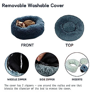 Yvnicll Calming Dog & Cat Bed with Blanket,Pet Beds for Small Dogs Bed with Removable Washable Cover,Anti Anxiety Dog Bed Cuddler Fluffy Faux Fur Plush Pet Donut Round Bed for Small Dogs（Navy,XS,20"）