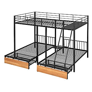 Triple Bunk Bed Metal Full Over Two Twin Beds with Storage Drawers and Shelf Detachable 3 Bed Bunk Bed Frame with Ladder for Kids Boys Girls Teens, Can Bed Divided into Three Separate Beds, Black