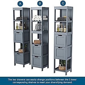 HOMEFORT Bathroom Storage Cabinet, Slim Tall Cabinet, Narrow Floor Cabinet Organizer, Wooden Linen Tower with 2 Drawers and 3 Shelves, Freestanding Storage Cupboard (Grey)