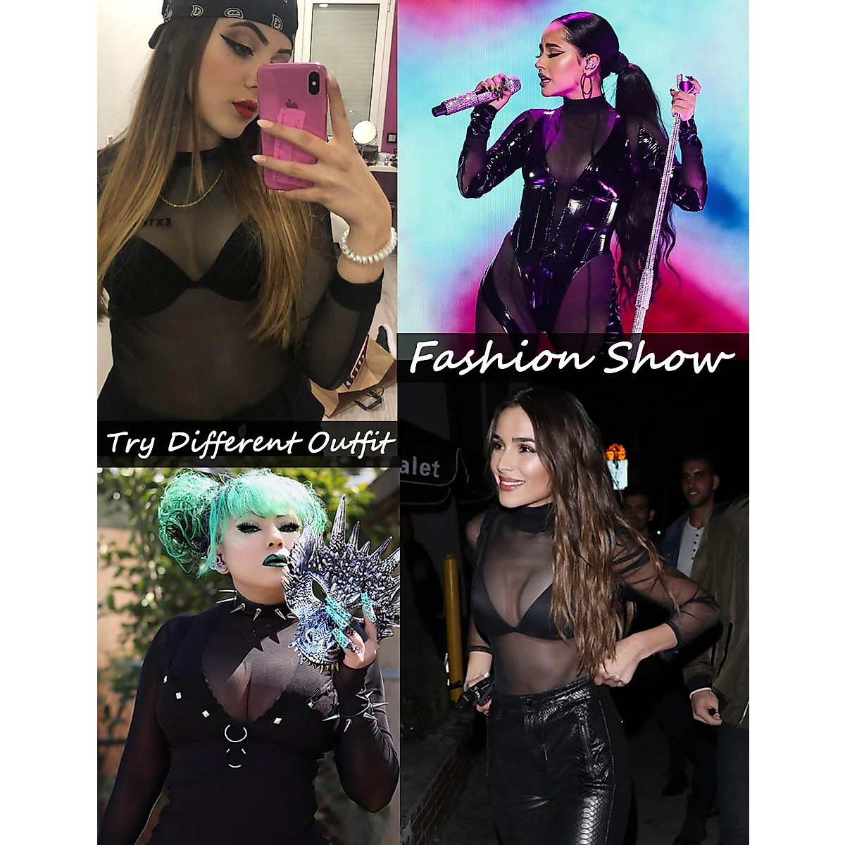 Avidlove Mesh Top Mesh Top for Women Long Sleeve Mock Neck Black M