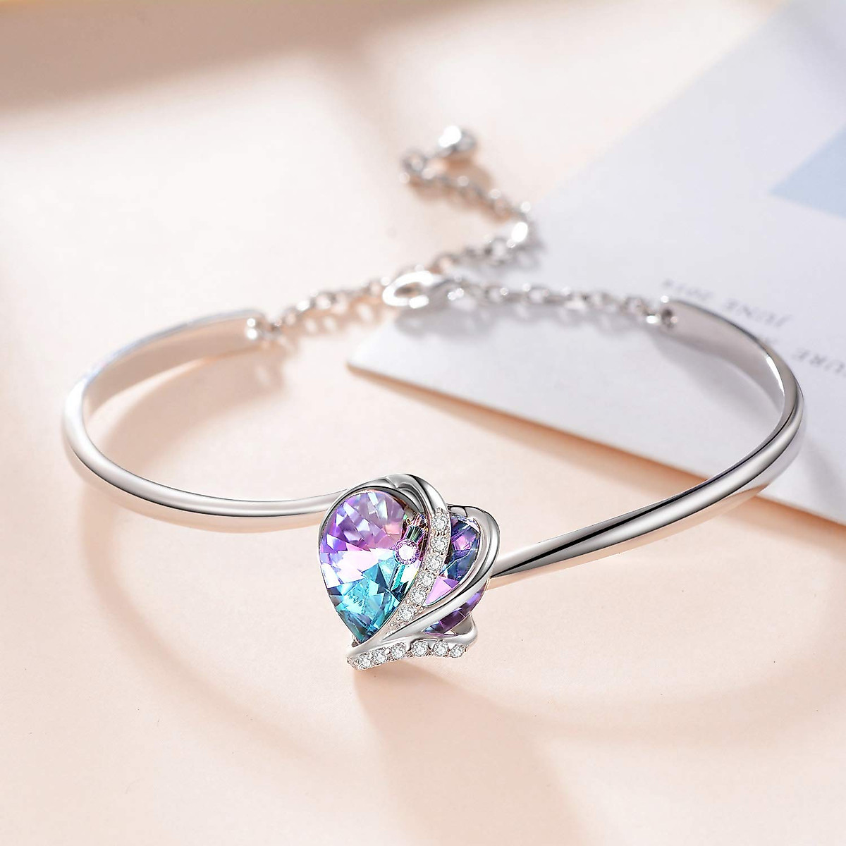 AOBOCO Love Heart Bangle Bracelet Sterling Silver Women Bracelet Embellished with Blue-purple Crystals from Austria, Fine Anniversary Birthday I Love You Jewelry Gifts for Wife Girlfriend Daughter