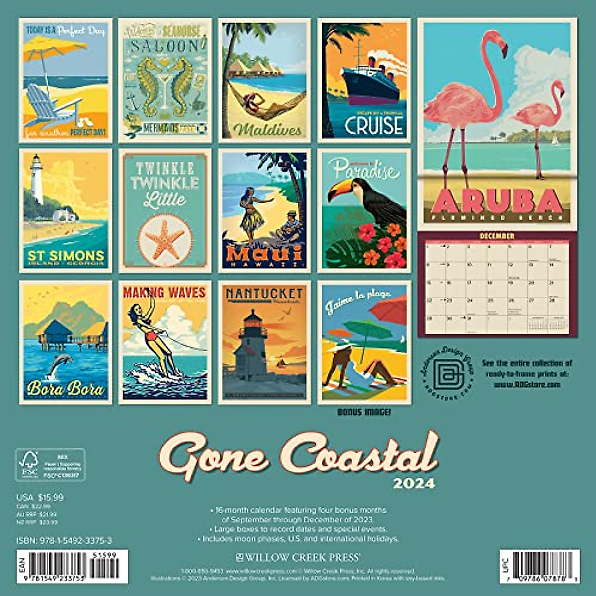 Willow Creek Press Gone Coastal (ADG) Monthly 2024 Wall Calendar (12" x 12")