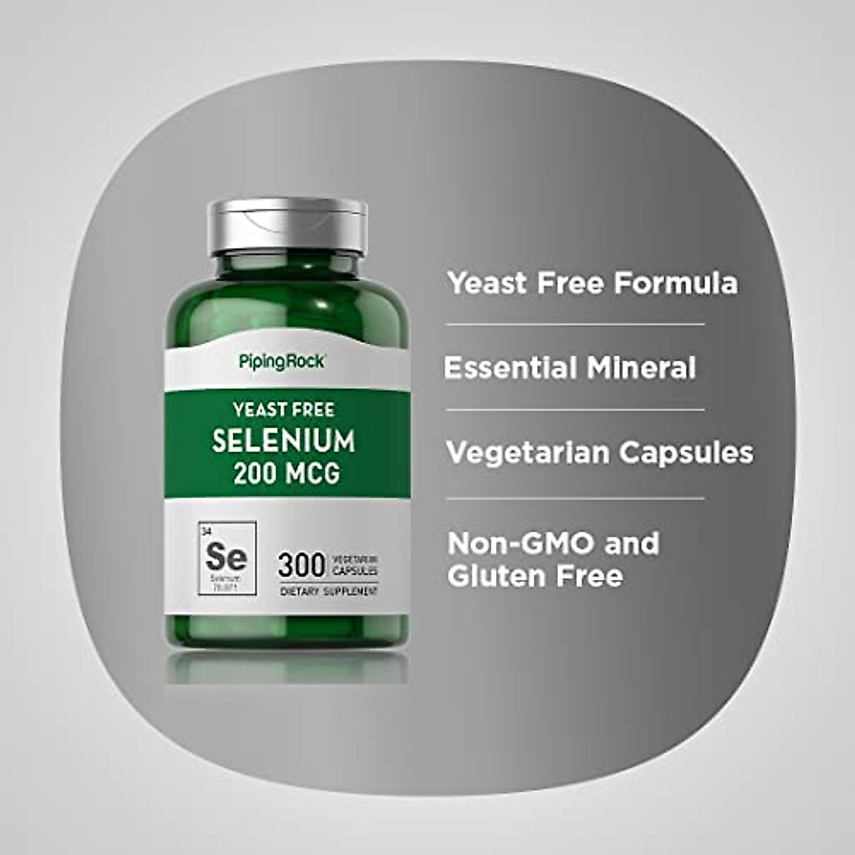 Selenium 200mcg | 300 Vegetarian Capsules | Yeast Free Selenium Supplement | Non-GMO, Gluten Free | by Piping Rock