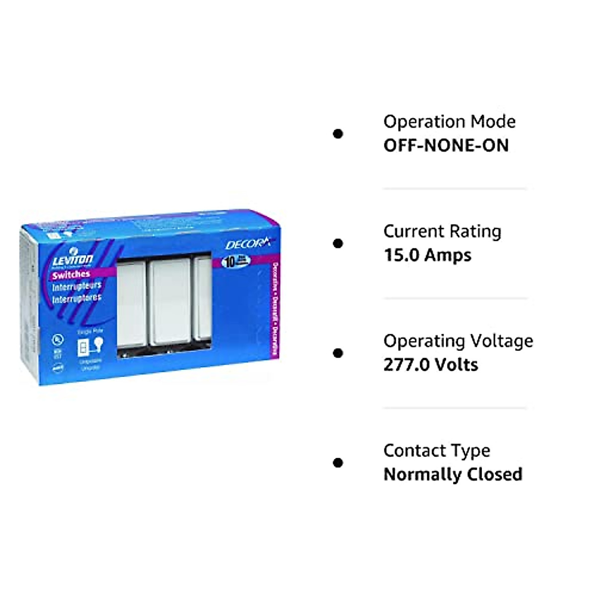 Leviton 5601-2WM 15 Amp, 120/277 Volt, Decora Rocker Single-Pole AC Quiet Switch, Residential Grade, Grounding, 10-Pack, White