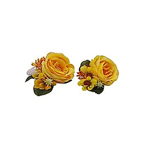 Ansuma Rose Wrist Corsage Wristlet Band Bracelet and Men Boutonniere Set for Wedding Flowers Accessories Prom Suit Decorations (Yellow)