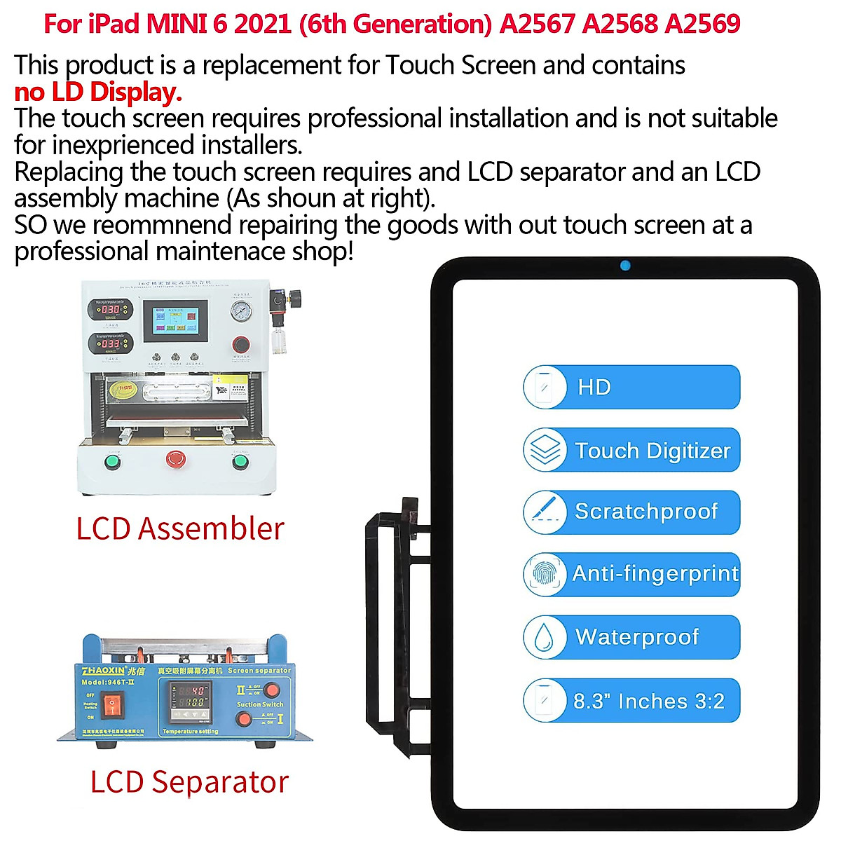for iPAD Mini 6 Screen Replacement 2021, 8.3inch for IPAD Mini 6TH Generation Screen Rerplacement Kit A2567 Sensor Touch Parts A2568 Digitizer A2569 Outer Glass Panel Full Repair +Tepmered Glass