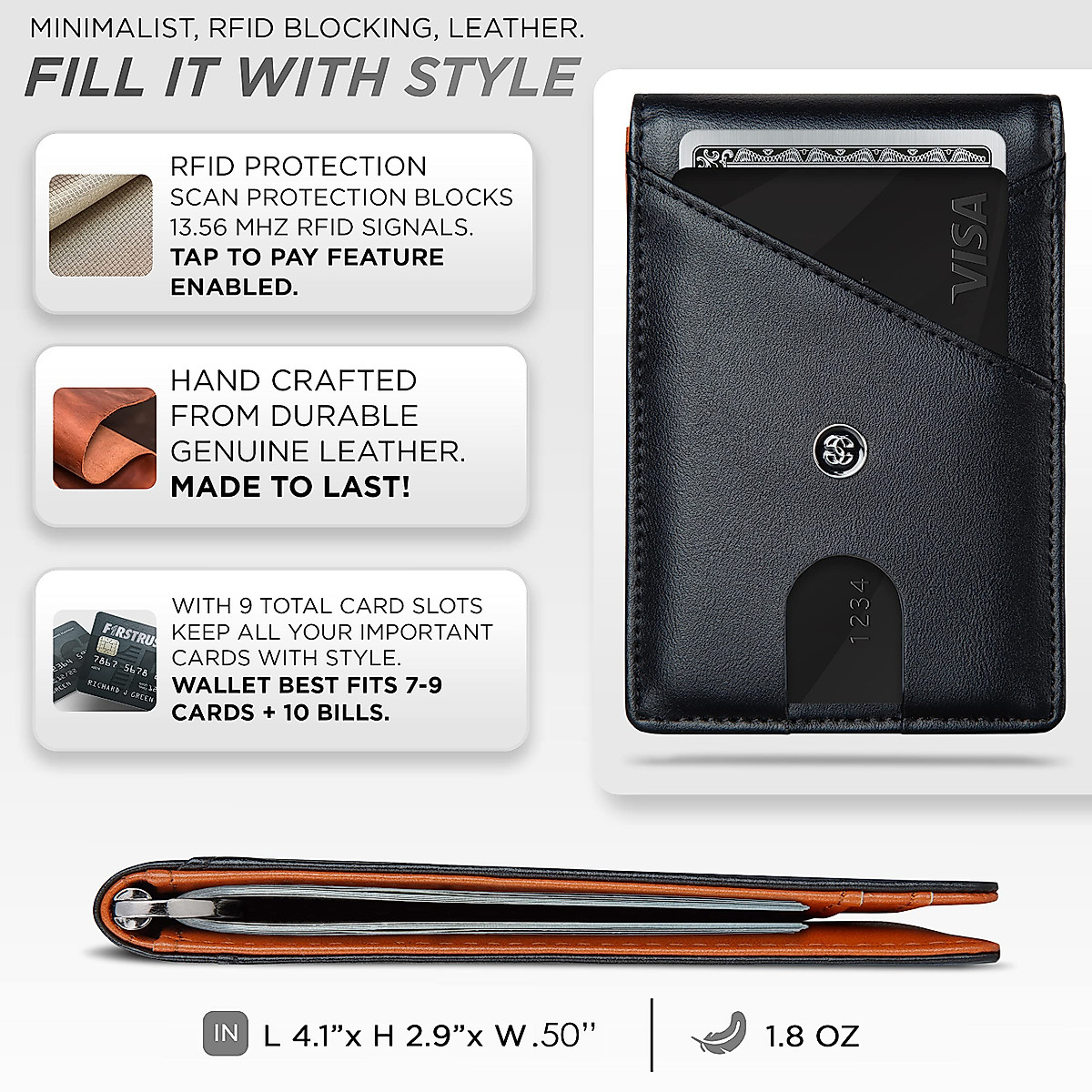 Suavell Leather Mens Wallet. Minimalist Wallet Credit Card Holder with Money Clip and RFID Wallet Protection. Slim Wallets Men Gifts (Obsidian Bronze Ranger)