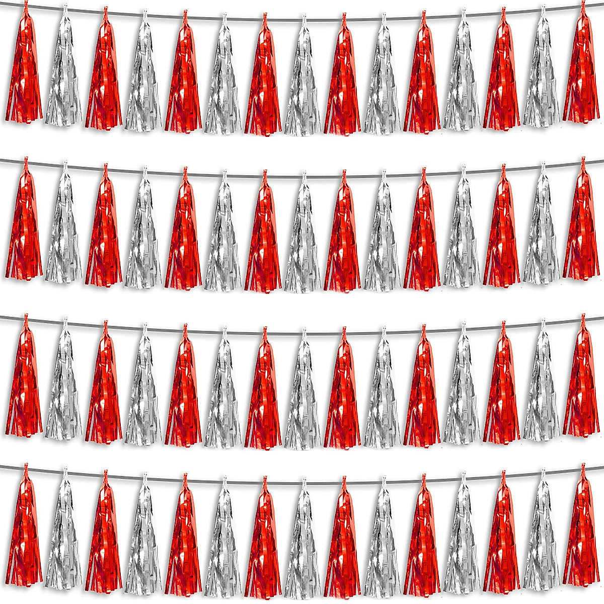 4P Red Silver Foil Fringe Metallic Tassel Streamers Banner Tassel Garland for Parade Floats, Graduation, Wedding, Birthday, Halloween, Christmas, Bridal/Baby Shower Party Decorations