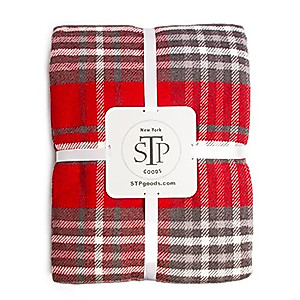 STP GOODS Cotton Red Throw Blanket Plaid for Couch Sofa Bed 86.6 х 63'' Twin Soft Warm Blanket with Fringe Scotch Travel Blanket (Red / Gray)