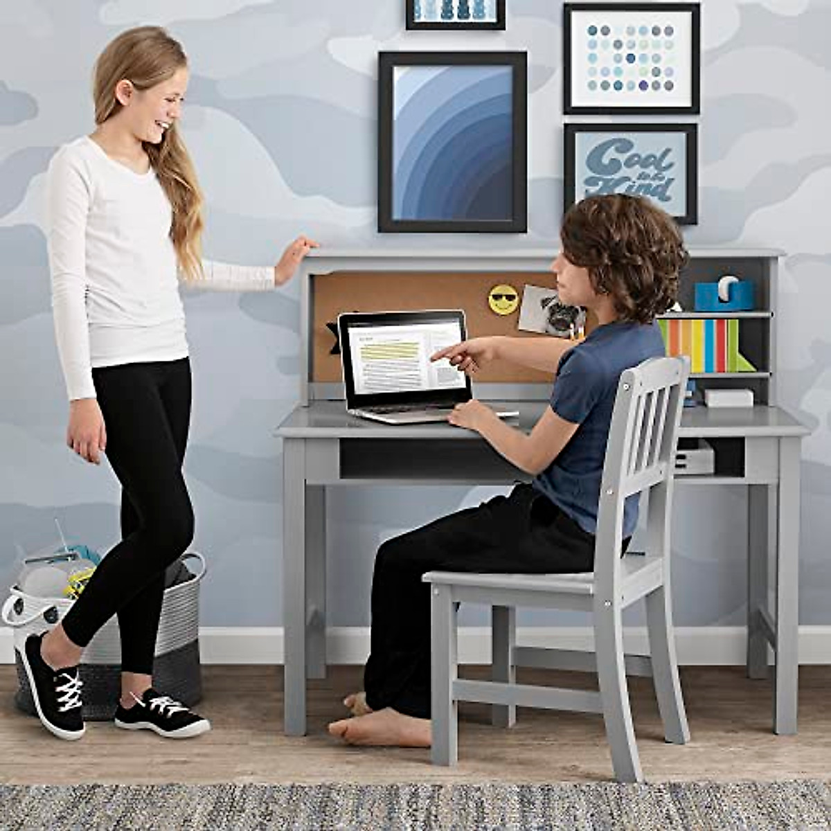 Delta Children Kids Wood Desk with Hutch and Chair - includes Cork Bulletin Board, Cubbies and Cutouts for Cords & Wires - Childrens Study/Computer/Writing Workstation (for Ages 5-12), Grey