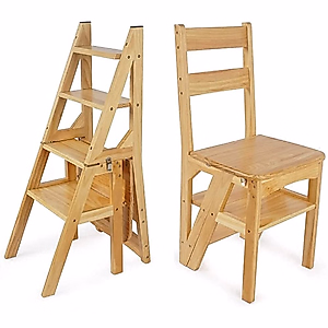 LUCEAE Step Stool Wooden Folding Step Stool Portable Wide Tread Non-Slip Step Chair,Multi-Purpose Step/Stair Chair Home Library 4 Step Closet/Bedroom/Closet/Bedroom Step Stool