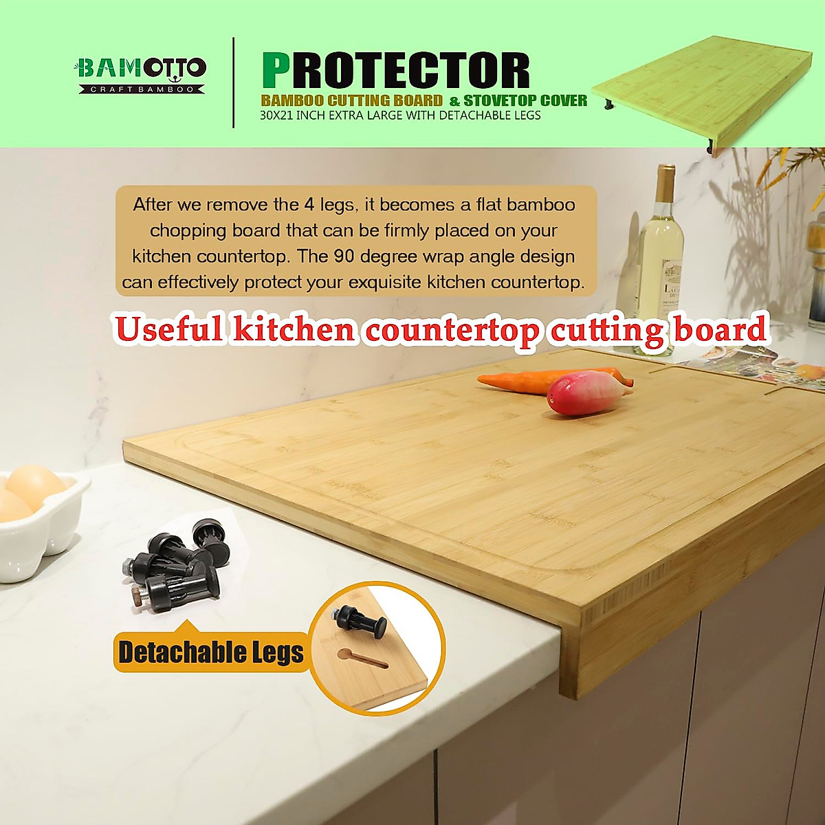 30 x 21 in Extra Large Bamboo Cutting Board and Stovetop Cover, Stove Top Cover Chopping Board with Detachable Legs and Juice Groove, Sink Cover Board, for Restaurant Kitchen Countertop