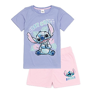 Disney Lilo And Stitch Girls 2 Pack Pyjama Set | Kids Short Sleeve T-Shirt Complete & Shorts PJs | Just Chill Alien Graphic Purple