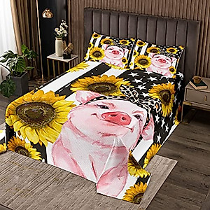 Cute Pig Kids Bedspread King Size,American Flag Retro Coverlet Set,Girls Boys Adults Bedroom Decor,Sunflowers Cartoon Animals Kawaii Quilted Coverlet,Rustic Farmhouse Bedding Quilt,2 Pillowcases