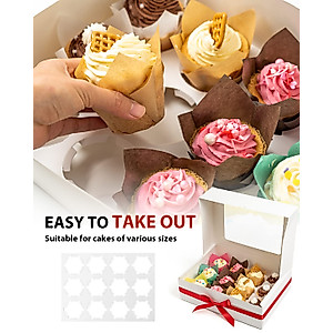 katbite Cupcake Boxes, 15-Set Cupcake Containers 12 Count, Food Grade Kraft Thick Cupcake Carrier Boxes with 2 Color Gift Ribbons, Twine, Cards and Inserts to Hold Cupcakes, Pastries and Cookies