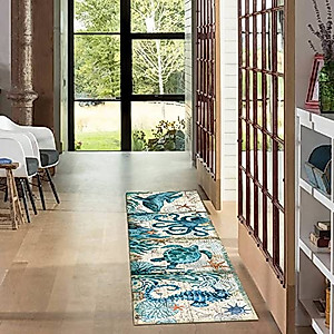 GUBIYU Ocean Animal Area Rug Tropical Beach Sea Turtle Octopus Rug Teal Non Slip Beach Bathroom Rug Coastal Runner Rug Washable Kitchen Rug Mat for Living Dining Dorm Room Bedroom Home Decor 23.6"x59"