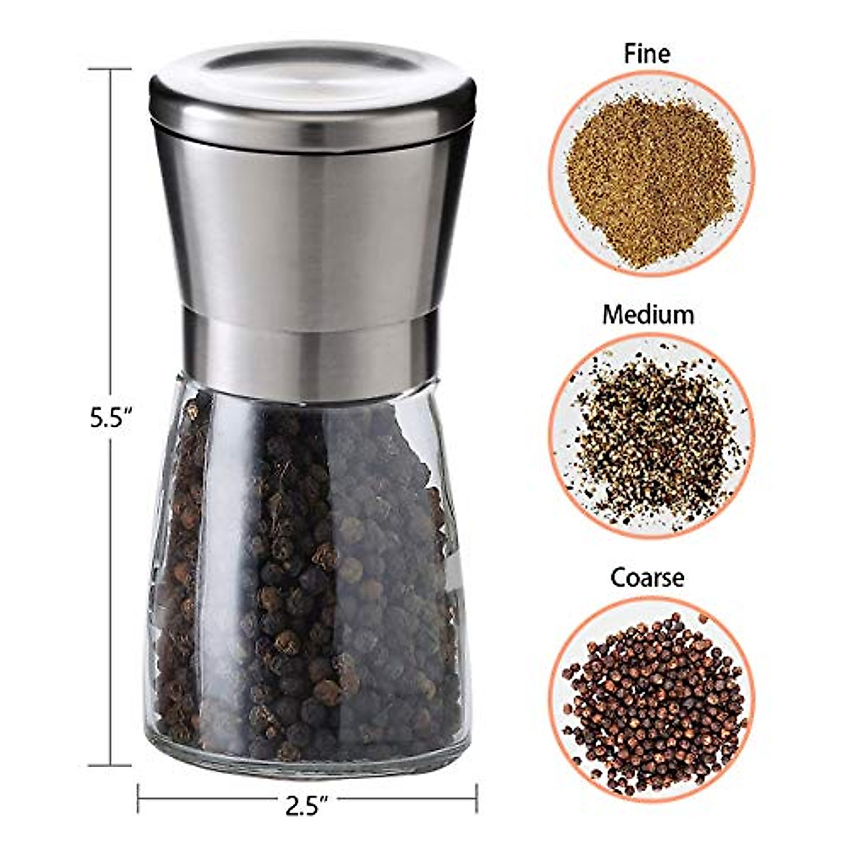 Professional Salt and Pepper Grinder Set of 2 - Brushed 304 Stainless Steel, Adjustable Ceramic Coarseness, Pepper, Sesame, Spice Salt Shaker, Pepper Grinder, Added Bonus Two Cleaning Brush- 6 Oz