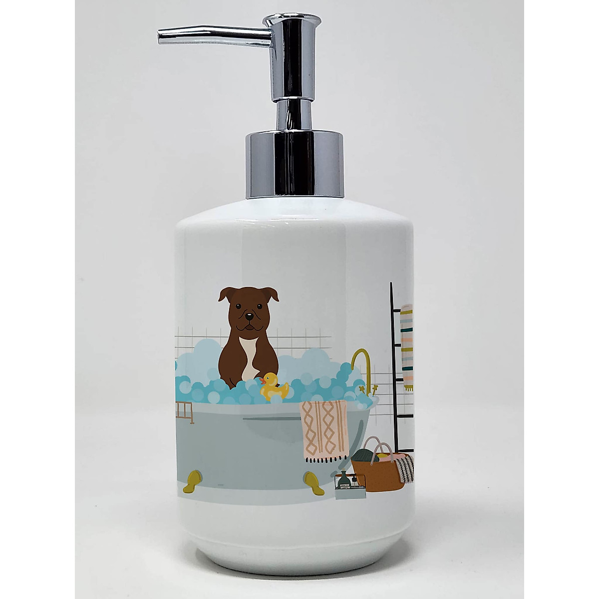 Caroline's Treasures WDK5745SOAP Chocolate Staffordshire Bull Terrier in Bathtub Ceramic Soap Dispenser Hand Soap Dispenser Pump Bottles for Bathroom Kitchen, Empty Refillable Liquid Soap Container