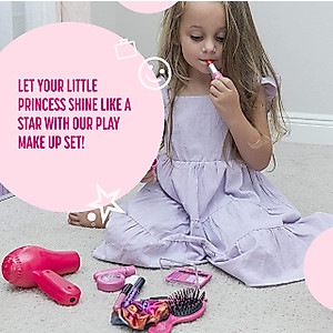 PixieCrush Kids Makeup Kit for Girls - with Pretend Hair Dryer and Flat Iron - Play Hair Styling Kit for Kids and Little Girls - Ages 3, 4, 5, 6, 7, 8, 9, 10 - Comes in a Pink Carrying Case