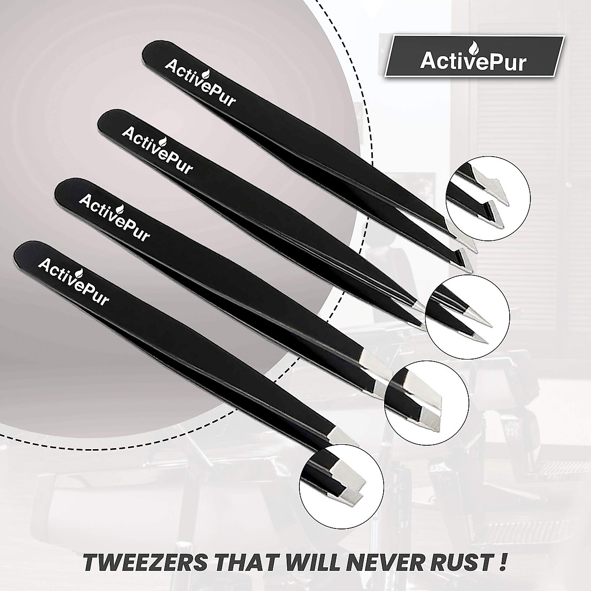 ActivePur, 4 Pcs Tweezers Set Precision for Facial Hair, Ingrown Hair, Splinter for Eyebrows Blackhead and Tick Remover, Best Professional Stainless Steel Seller Hair Remover Tweezer Set w/PU Bag.